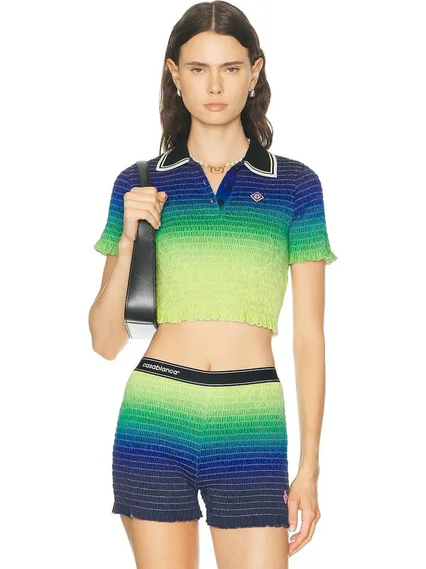Casablanca Gradient Shirred Polo Top - Green & Blue