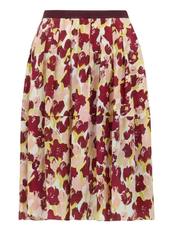 Marni Pleated Floral Silk Skirt - Red
