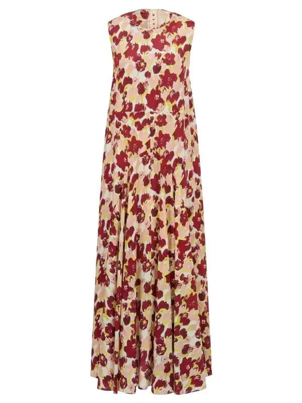 Marni Floral Pleated Silk Dress - Red