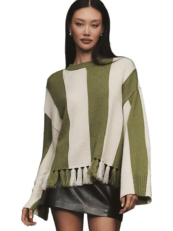 SIMONMILLER Faye Tassel Wool Blend Sweater - Moss Green Cream