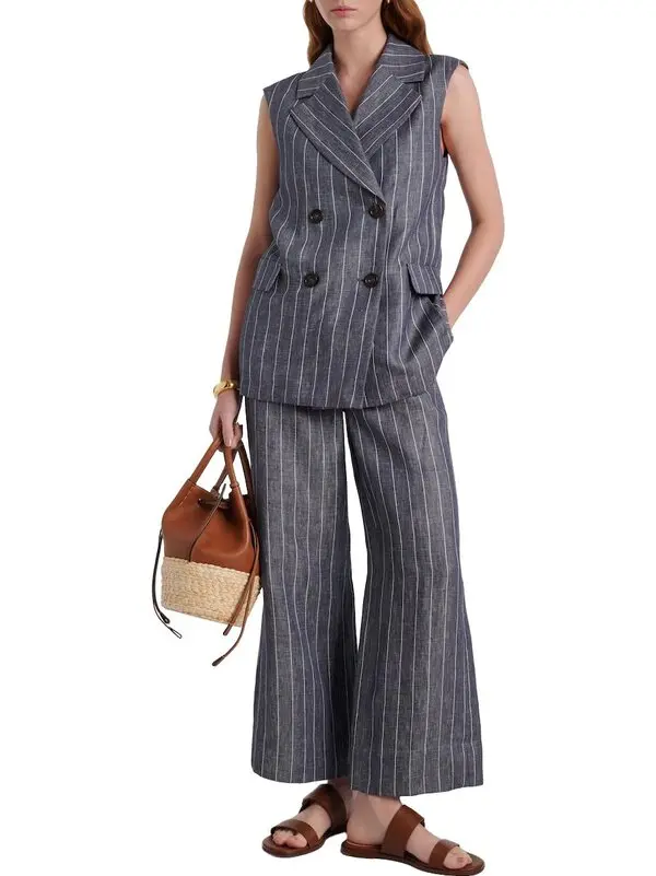 Max Mara Cresta Pinstripe Linen Wide-leg Pants - Blue