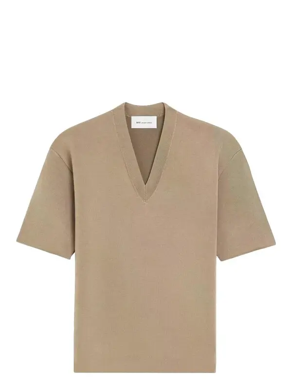 AMI Paris Wool V-neck Short Sleeve Knit - Brown