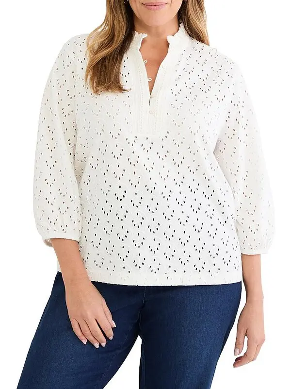 NIC+ZOE Knit Eyelet Ruffle Neck Top - Paper White
