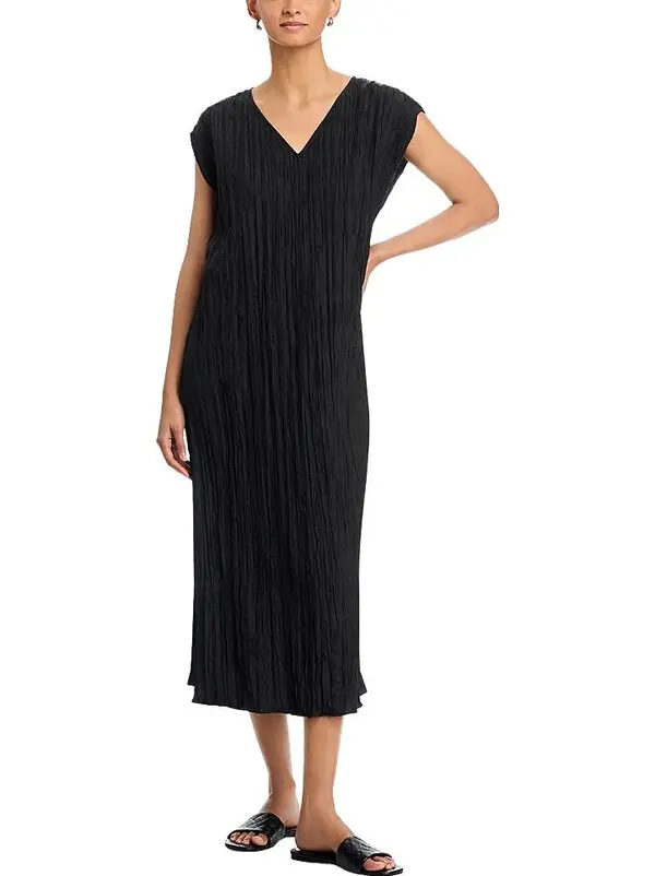 Eileen Fisher Crushed Silk V-neck Dress - Black