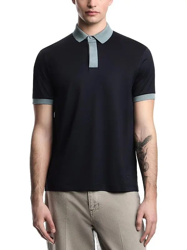Emporio Armani Contrast Hem Cotton Blend Polo Shirt - Navy Blue/stormy Sea
