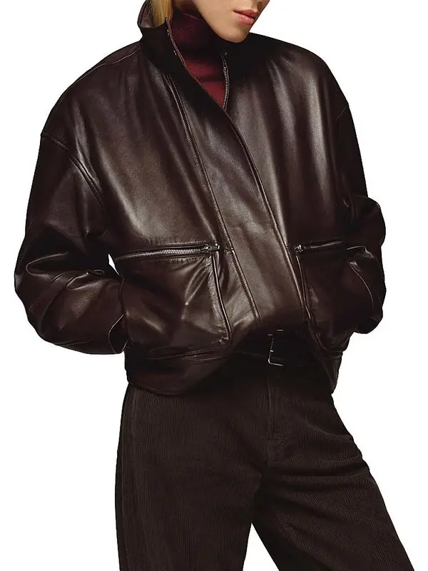 REFORMATION Leather Oversized Bomber Jacket - Cocoa