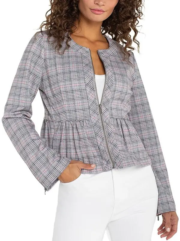 LIVERPOOL Zip Front Peplum Jacket - Grey Blush Plaid