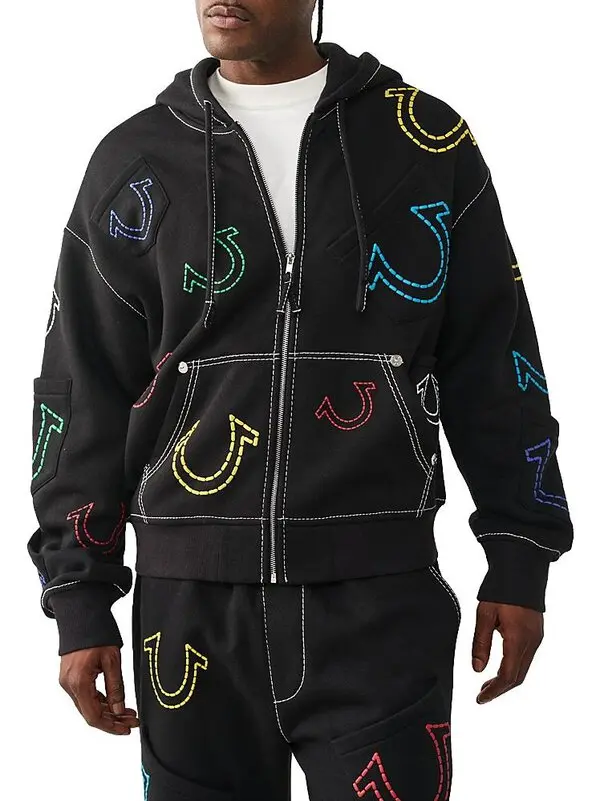 True Religion Logo Patch Zip Up Hoodie - Jet Black