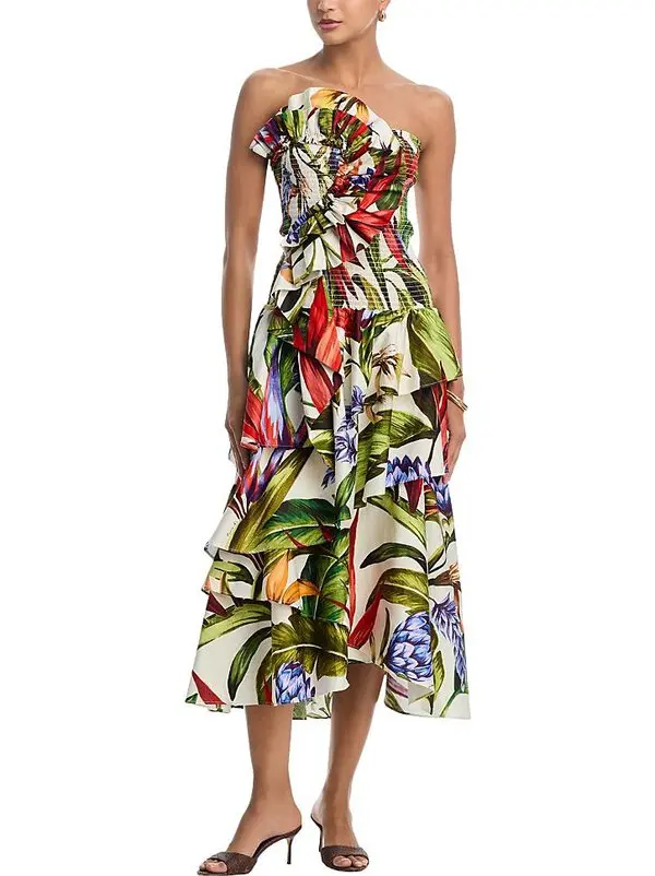 Farm Rio Florart Strapless Tiered Midi Dress - Sand