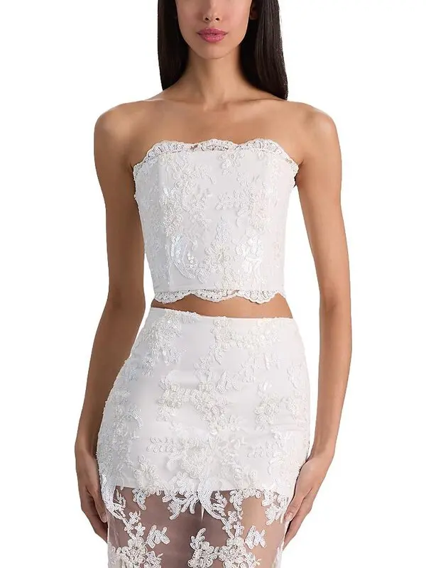 Alice + Olivia Ceresi Embellished Lace Strapless Crop Top - Off White