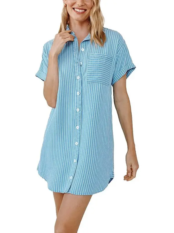 Bella Dahl Roll Sleeve Pocket Shirt Dress - Coastal Stripe