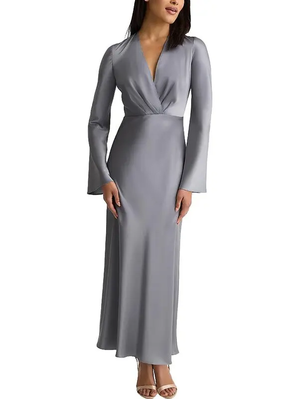 St. John Satin Deep V Crossover Dress - Pewter