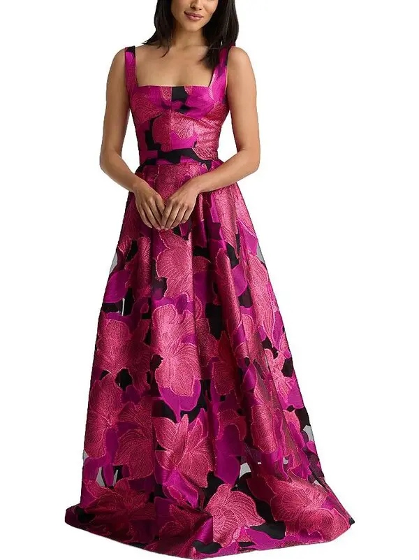 St. John Floral Burnout Organza Gown - Hot Pink