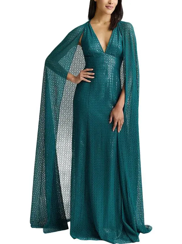 St. John Lace Overlay Metallic Gown With Cape Effect - Emerald