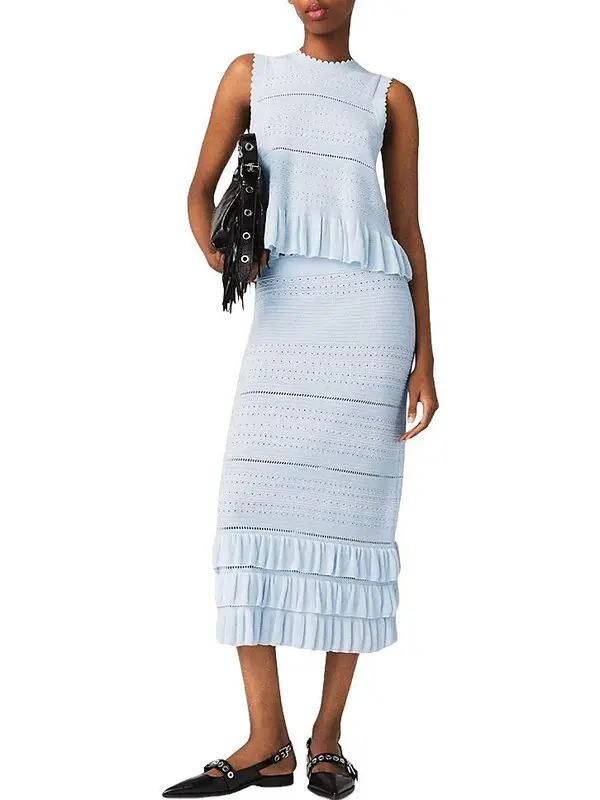 Maje Long Ruffled Knit Skirt - Blue Sky
