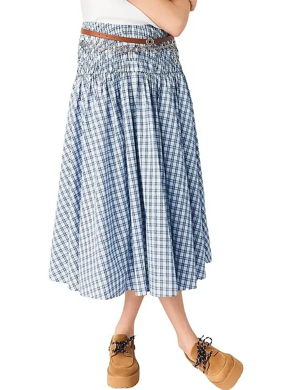 Maje Rhinestone Cotton Maxi Skirt - Blue Check Print