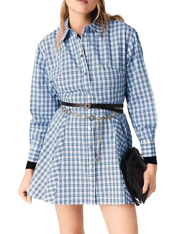 Maje Rhinestone Trim Cotton Shirt Dress - Blue Check Print