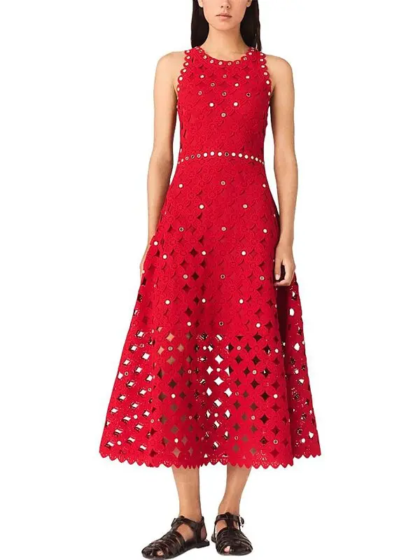Maje Crochet Midi Dress With Mirror Embellishments - Red