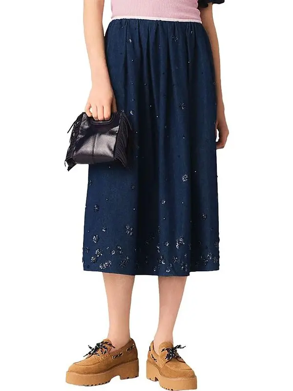 Maje Embroidered Denim Midi Skirt - Navy
