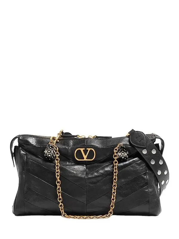 Valentino Garavani Nappa Leather Chevron Vlogo Shoulder Bag - Black