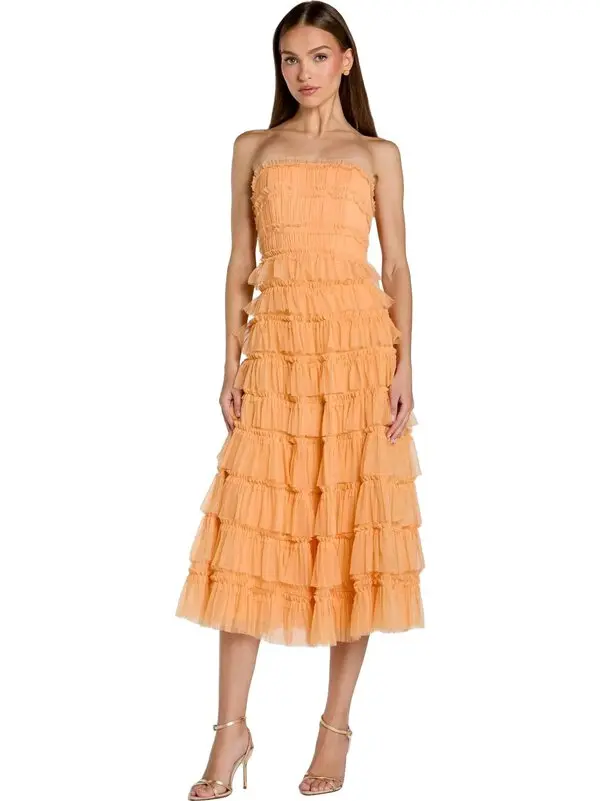 Mac Duggal Strapless Ruffle Midi Dress - Orange