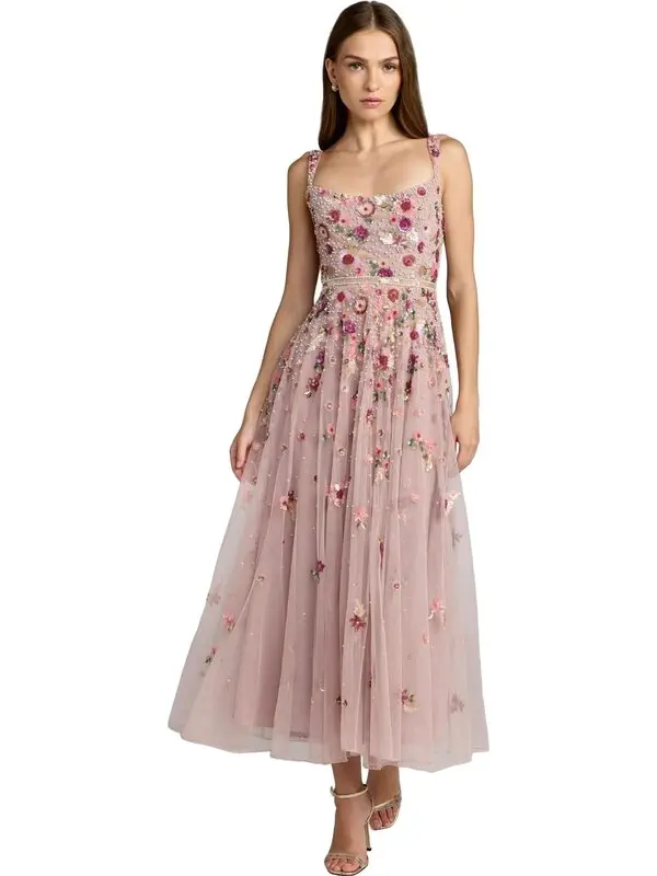 Mac Duggal Floral Hand-embellished Tulle Midi Dress - Vintage Rose Multi