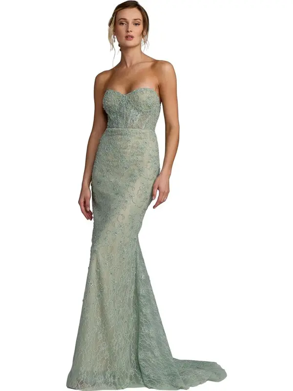 Mac Duggal Embellished Strapless Bustier Gown With Train - Green
