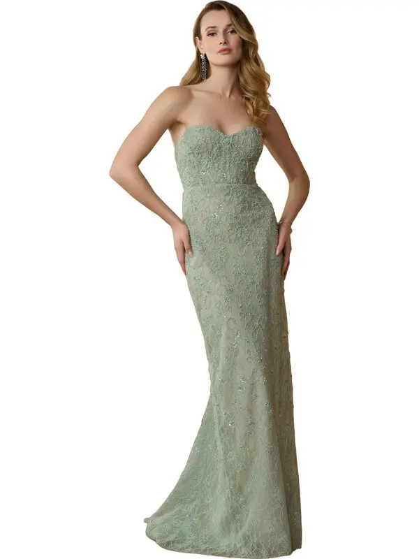 Mac Duggal Embellished Strapless Bustier Gown With Train - Green