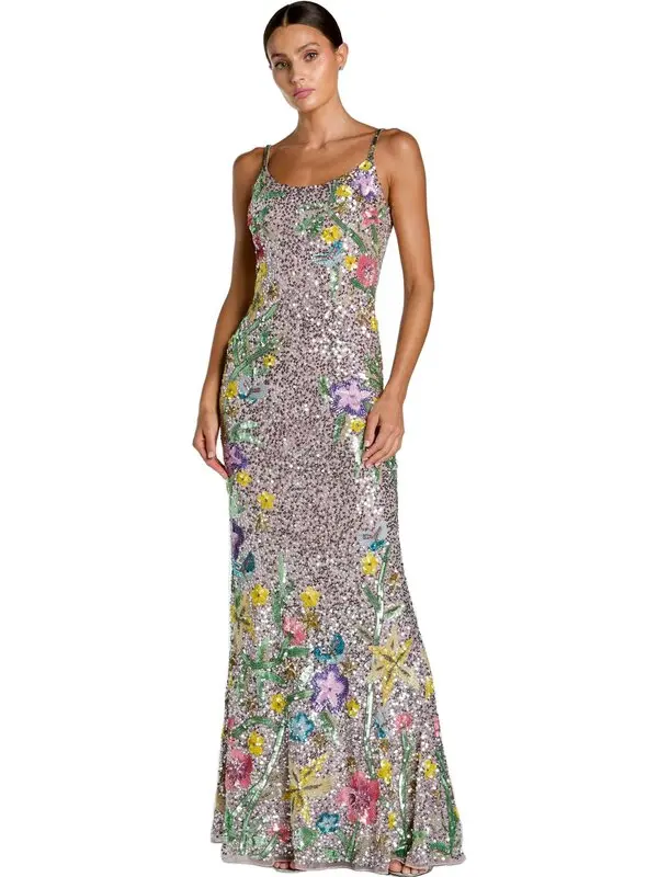Mac Duggal Embellished Sleeveless Gown With Cowl Back - Silver Multi