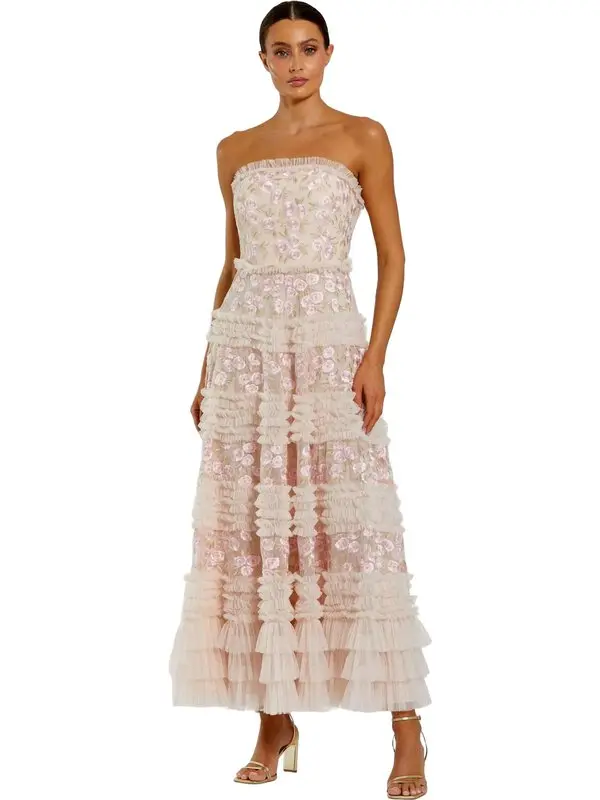 Mac Duggal Floral Embroidered Strapless Ruffle Maxi Dress - Blush Multi