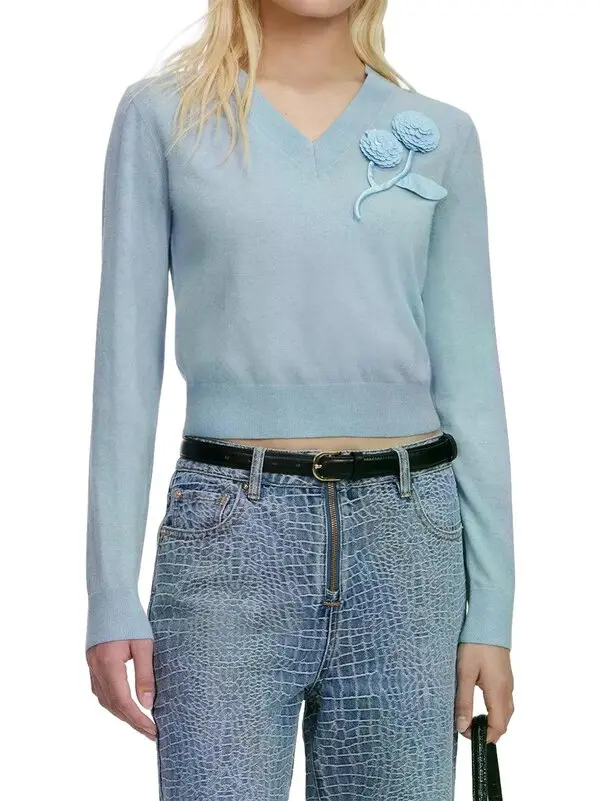 SELF-PORTRAIT V-neck Jumper With Rose Detail - Blue