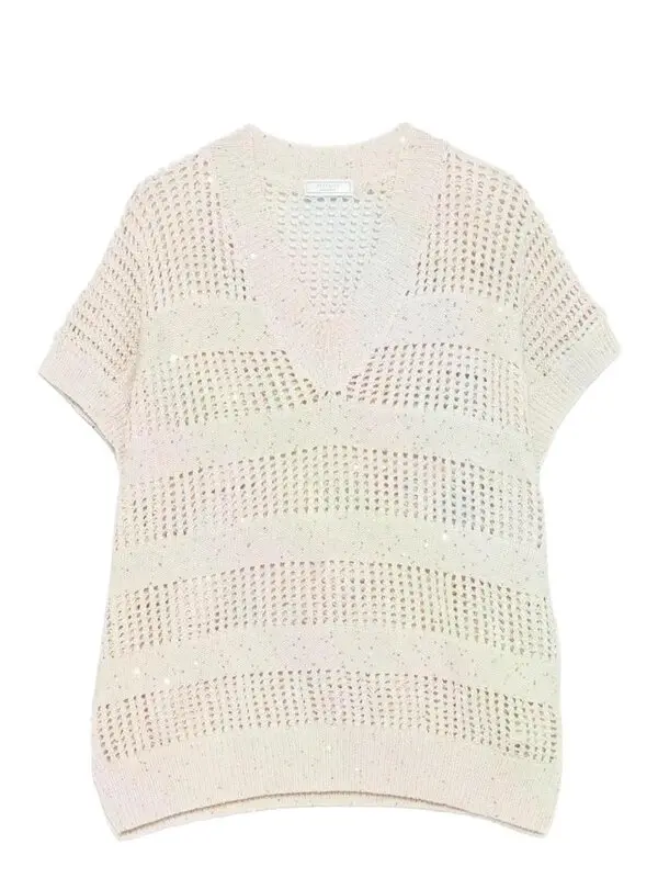 Peserico V-neck Short-sleeve Open-knit Top - Neutrals