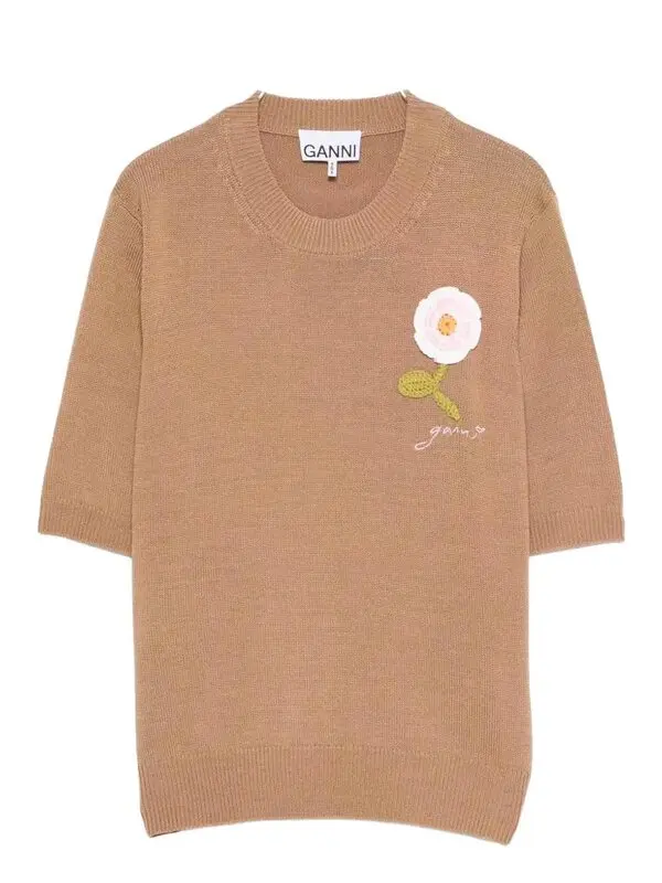 GANNI Floral-appliqué Short-sleeve Sweater - Neutrals