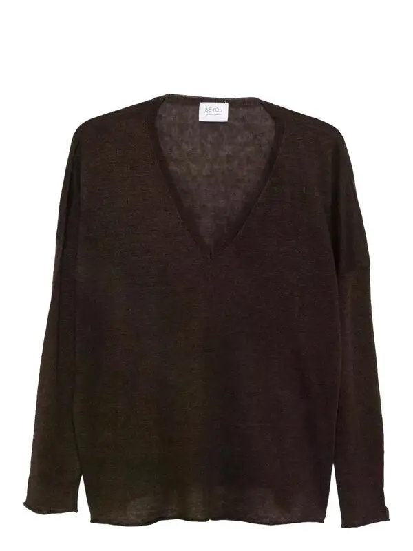 BEYOU V-neck Long Sleeve Sweater - Brown