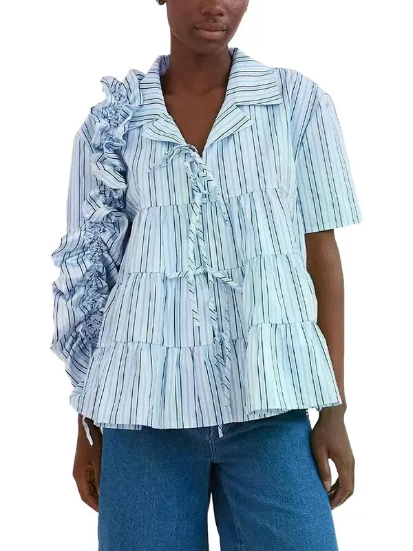 OPÉRASPORT Striped Shirt With Ruffle Detail - Blue