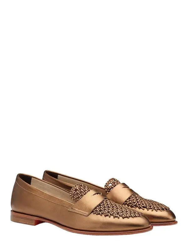 Santoni Laminated Leather Penny Loafer With Woven Toe - Gold