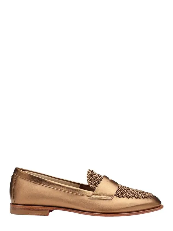 Santoni Laminated Leather Penny Loafer With Woven Toe - Gold