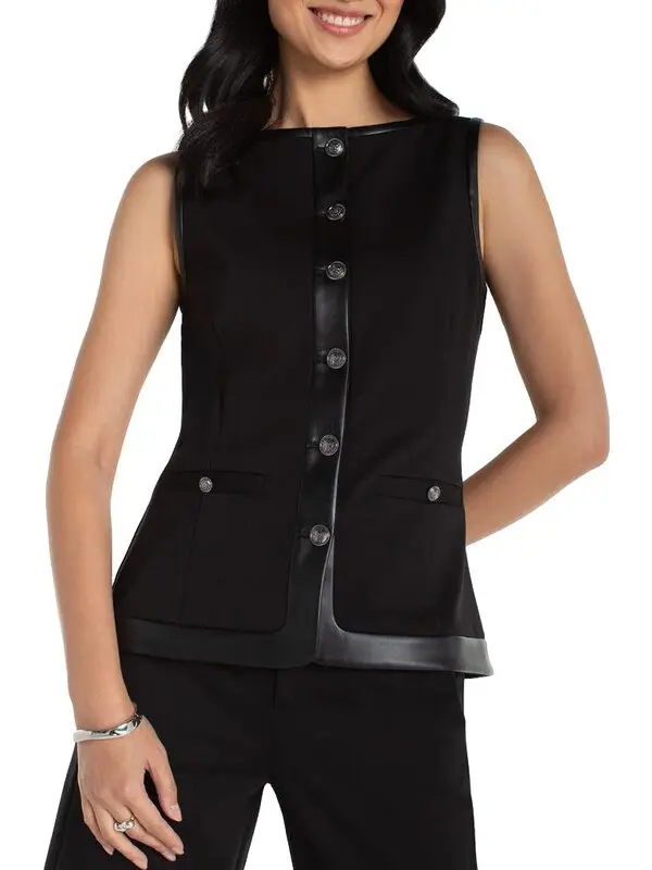 LIVERPOOL Faux Leather Trim Detail Vest - Black