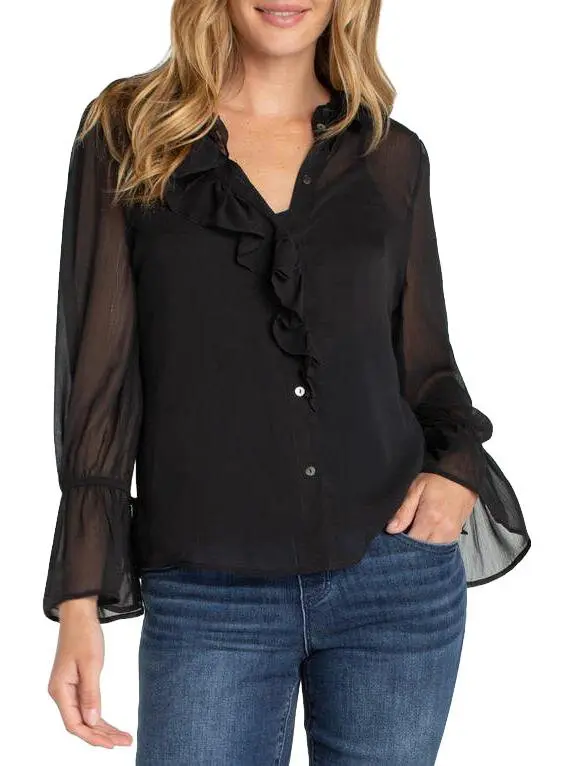 LIVERPOOL Ruffle Front Button Down Shirt - Black