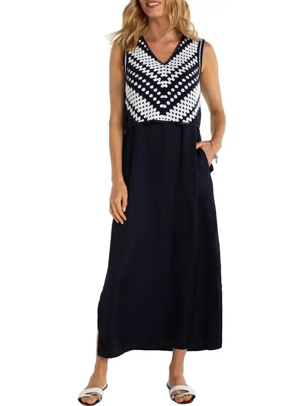 LIVERPOOL Crochet Bodice Sleeveless Maxi Dress - Navy W/white