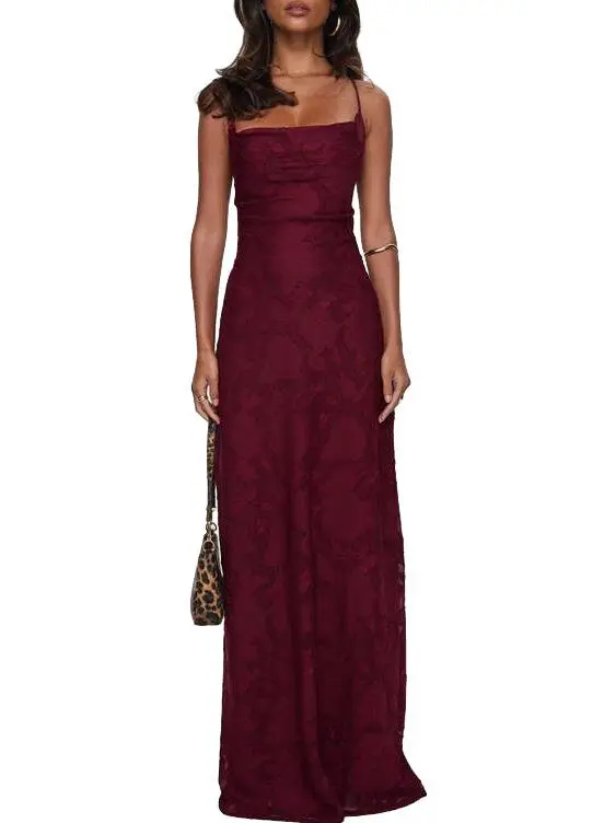 Princess Polly Celina Floral Jacquard Strappy Back Gown - Burgundy Burnout