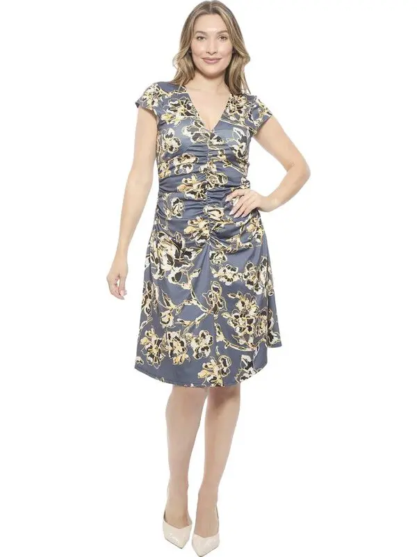 24SEVEN COMFORT APPAREL Floral V-neck Knee Length Dress - Grey Multi