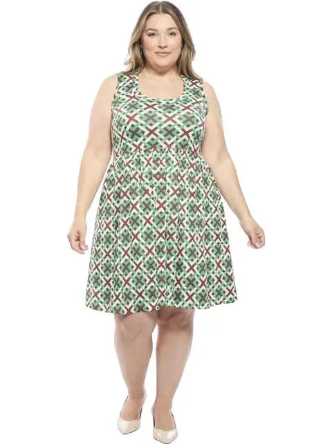 24SEVEN COMFORT APPAREL Sleeveless Fit & Flare Knee Length A-line Dress - Green Multi