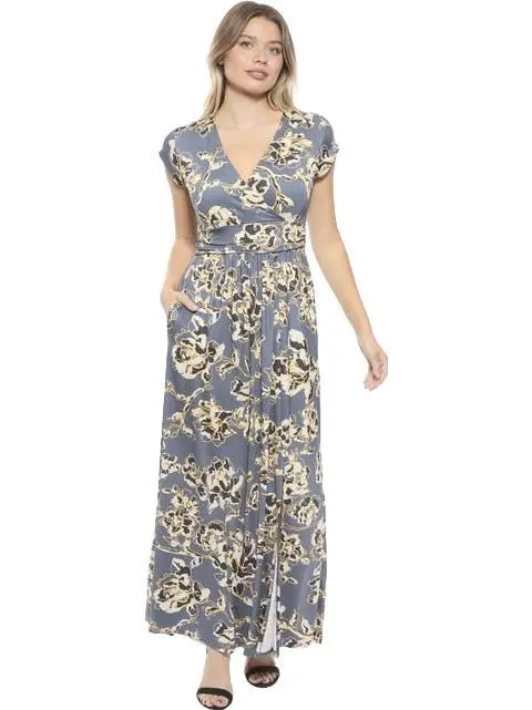 24SEVEN COMFORT APPAREL Floral V-neck Cap Sleeve Maxi Dress With Pocket - Grey Multi