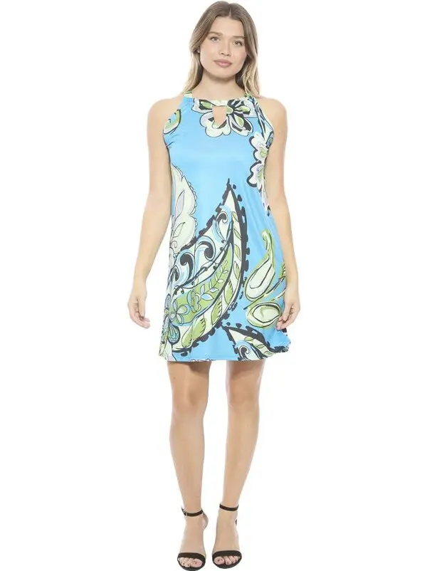 24SEVEN COMFORT APPAREL Paisley Print Sleeveless Knee Length Dress - Blue Multi