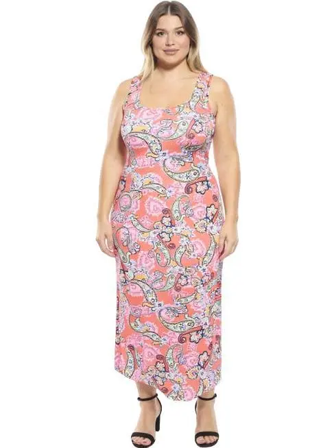 24SEVEN COMFORT APPAREL Paisley Print Tank Maxi Dress - Orange Multi