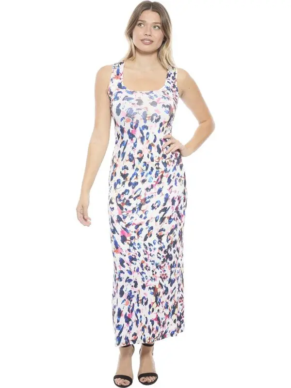 24SEVEN COMFORT APPAREL Abstract Scoop Neck Sleeveless Tank Racerback Maxi Dress - White Multi