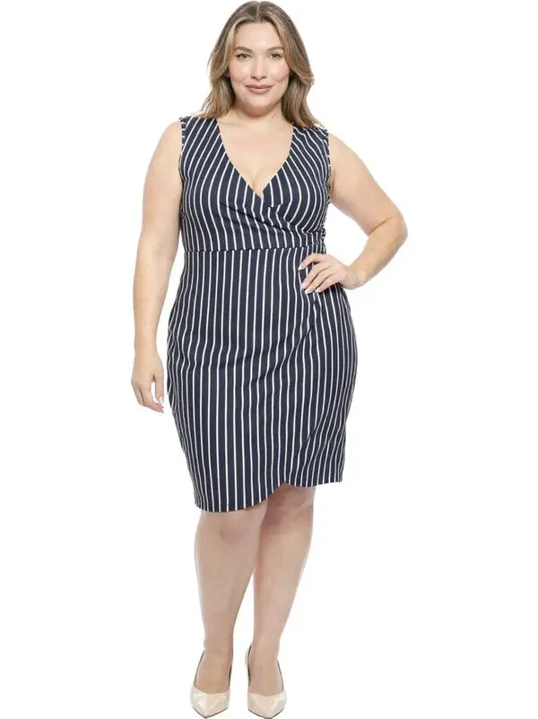 24SEVEN COMFORT APPAREL Striped Sleeveless Faux Wrap Tulip Hem Midi Dress - Navy Multi