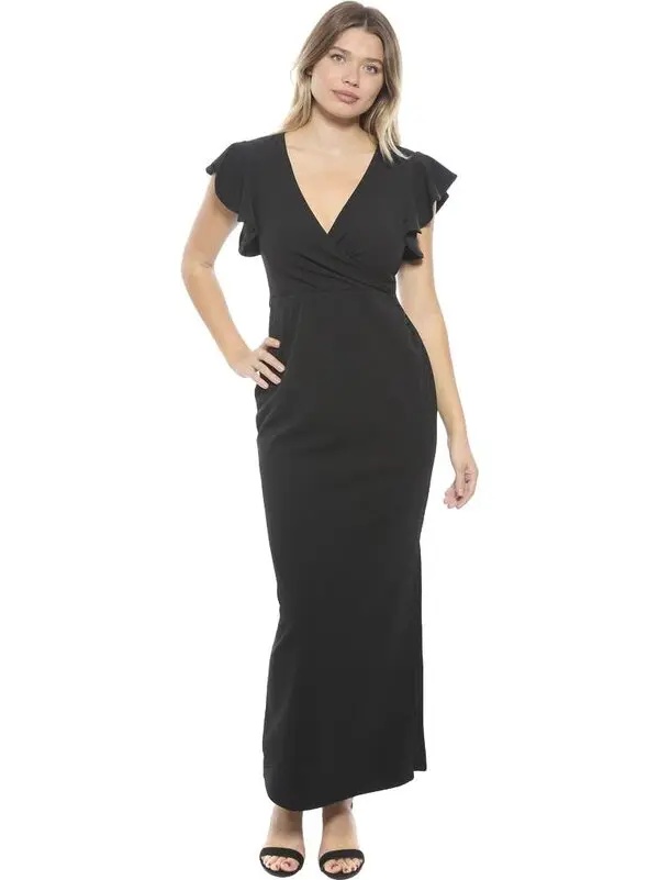 24SEVEN COMFORT APPAREL V-neck Tulip Hem Maxi Dress - Black