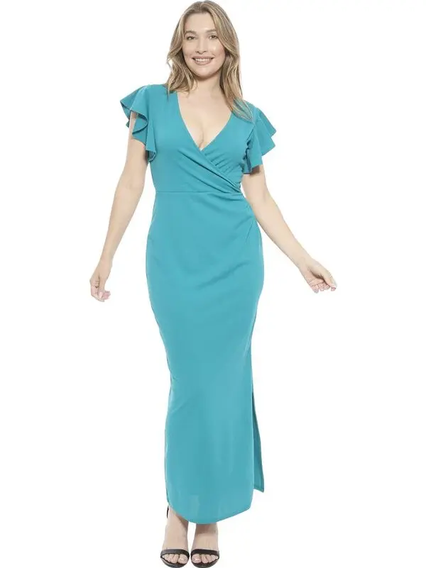 24SEVEN COMFORT APPAREL V-neck Tulip Hem Maxi Dress - Jade